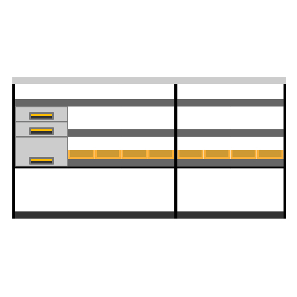 Reol L:2200 - Smal reol med skuffer, hyller, bokser og rørhylle ...